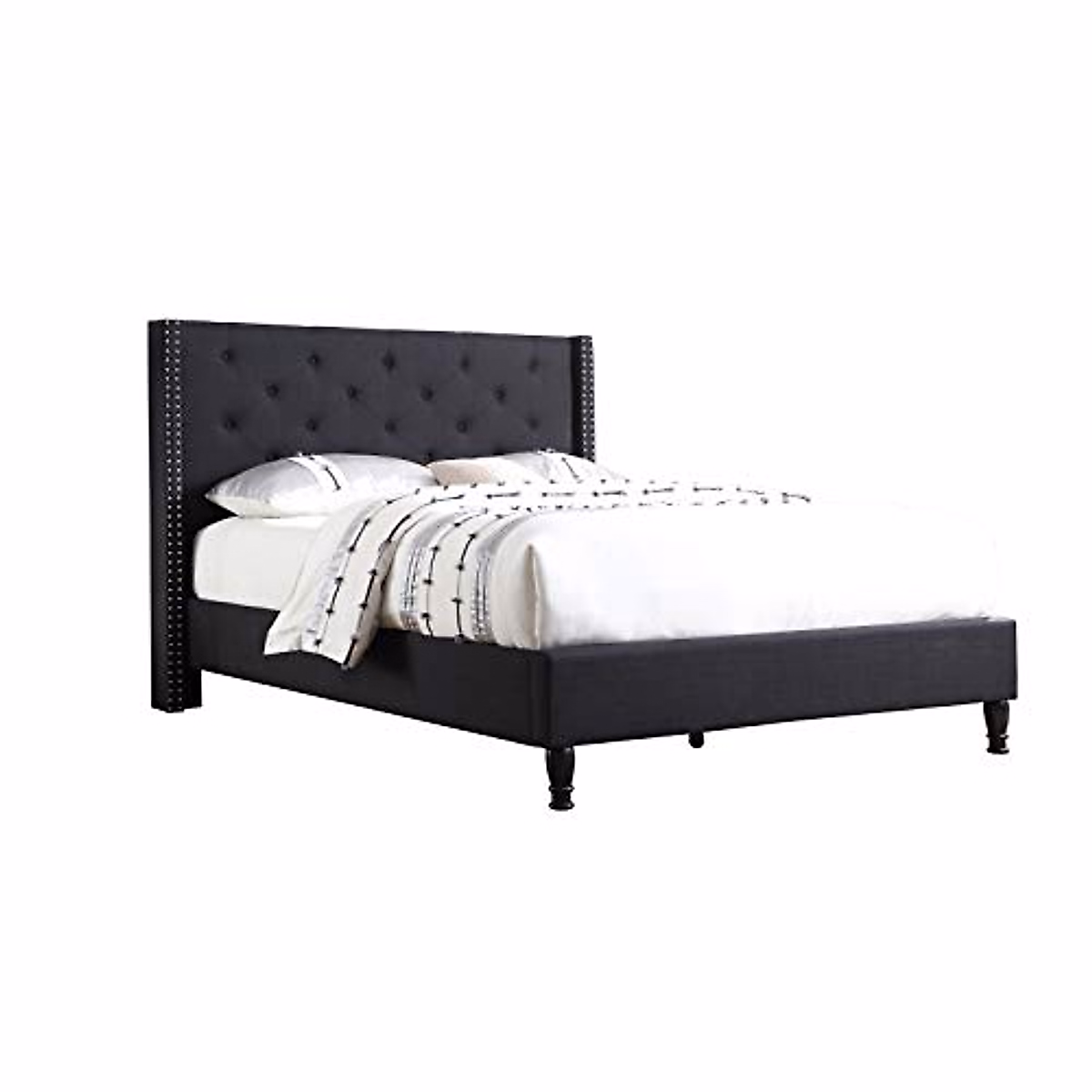 Life Home Premiere Classics Cloth Black Linen 51" Tall Headboard Platform Bed with Slats Queen - Complete Bed 5 Year Warranty Included (furBed00007_Cloth_Black_Queen)