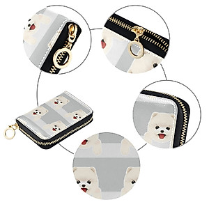 Pomeranian Dog Face Heads Seamless on White GreyGrey Credit Card Coin wallet, RFID Blocking Compact Women Leather Card Holder, Key Change Organizer, Zipper Purse Clutch Pouch Pocket