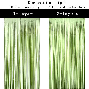 Green Tinsel Foil Fringe Curtains Tropical Jungle Safari Animals Hawaiian Baby Shower Birthday Photo Backdrops Wedding Party Decor Photo Booth Props Backdrops Decorations,2pc