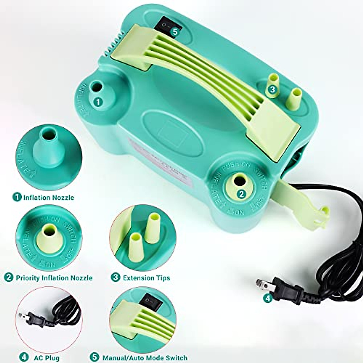 Electric Balloon Pump 110V 600W Dual Nozzle Portable Balloon Inflating Pump Halloween Balloon Arch Kit with Balloon Flower Clips Balloon Tape Balloon Knotter Dot Glue Avocado Green