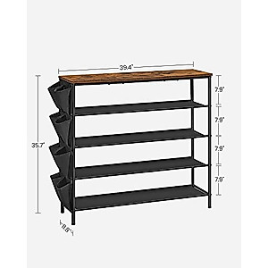 VASAGLE 5 Tier Extra Long Shoe Rack, 39.4 Inches Shoe Organizer with 8 Side Pockets, Shoe Shelf for Closet Entryway, with 4 Fabric Shelves, Steel Frame, Industrial, Rustic Brown and Black ULBS039B01