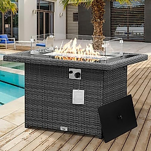 High-Craft 43'' Rectangular Patio Propane Fire Pit Table Gray PE Wicker 55,000 BTU H-Burner Dural Heating Outdoor Firepits 8mm Glass Top & Aluminum Frame Anti-Rust with Cover & Windguard