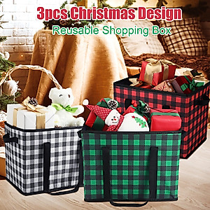 Windyun 3 Pcs Christmas Collapsible Reusable Shopping Box Grocery Bag Set with Reinforced Bottom Large Plaid Holiday Xmas Tote Bags Design Storage Boxes Bins Cubes, 3 Styles