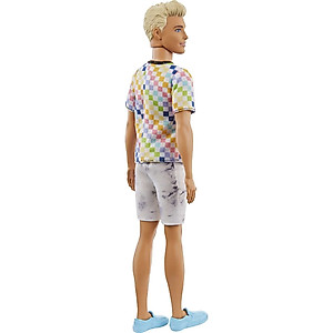 Barbie Fashionistas Ken Doll #174 with Sculpted Blonde Hair Wearing Surf-Inspired Checkered Shirt, Denim Shorts & Deck Shoes