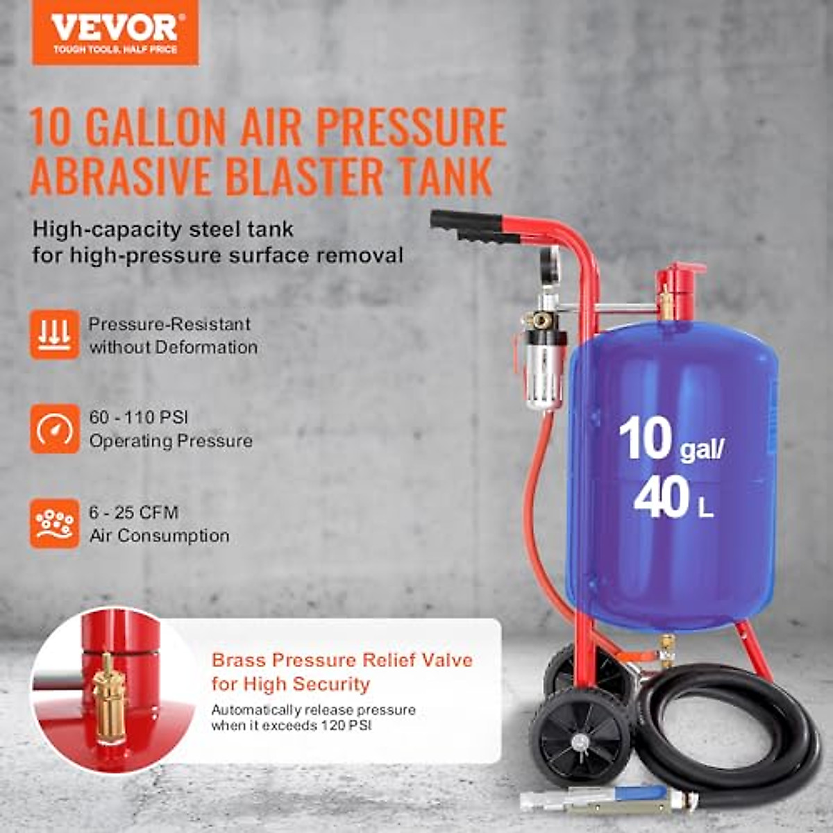 Sand Blaster VEVOR 10Gal Pot Sandblaster, 125 Psi Pressure Sand Blasting Complete Kit for Paint, Stain, Rust Removal and Special Surface Treatment of Material