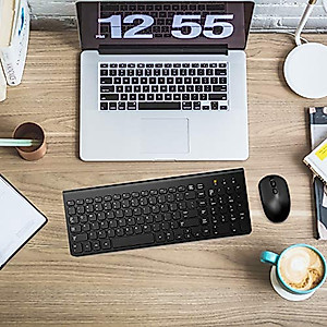 Wireless Keyboard Mouse Combo, WisFox 2.4GHz Slim Full Size Wireless Keyboard and Mouse Set with Number Pad and Nano Receiver for PC Laptop Windows, Quiet and Ergonomic (Black)