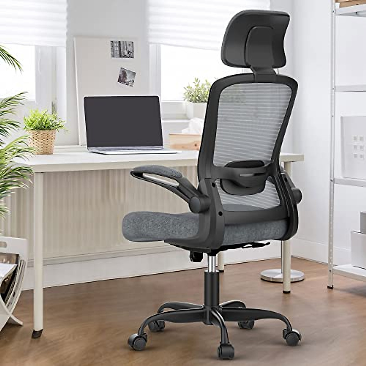 Ergonomic Office Chair, Home Office Desk Chair with Adjustable Headrest & Lumbar Support. High Back Mesh Computer Chair with Thickened Cushion &Flip-up Armrests, Task Executive Chair (Graphite)
