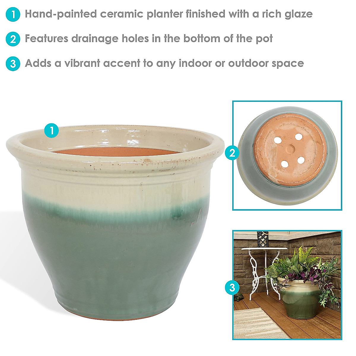 Sunnydaze Large Ceramic Planter - Indoor or Outdoor Plant Pot with Drainage Holes - Seafoam Glaze Finish - 18" - Studio