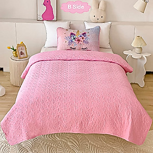 Twin Size Quilt Set for Girls 2-Piece Pink Unicorn Kids Comforter Bedding Set Stars Flowers Reversible Quilted Bedspread Coverlet Lightweight Bed Sheet Set Cover Throw Blanket with Pillow Sham