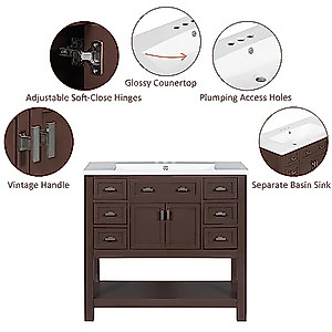 VKKILPEE 36'' Freestanding Bathroom Vanity Set Bathroom Vanity with Top Sink, Bath Vanity Storage Cabinet with 6 Drawers & 2 Soft Closing Doors, Modern Bathroom Vanity and Sink Combo, Brown