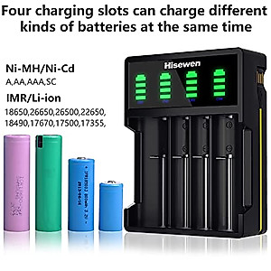 Universal 18650 Battery Charger 4 Bay, Hisewen Smart LCD Display Charger for 3.7V Li-ion Rechargeable Batteries 18650 18350 17670 16340 RCR123 14500 LiFePO4 INR ICR Ni-MH Ni-CD AA AAA