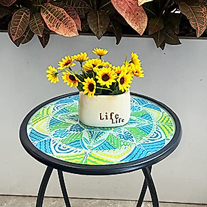 HONGLAND Mosaic Outdoor Side Table, 14" Round Patio Side Table, Mosaic Plant Stand, End Table W/Storage Shelf, Small Bistro Coffee Table for Garden Patio Porch Living Room(Green)