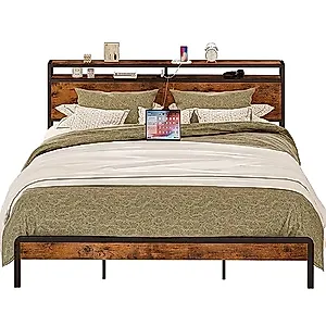 IRONCK California King Bed Frames, Platform Bed with Storage Headboard and Charging Station, Heavy Duty Metal Slats, Noise Free, Easy Assembly, Vintage Brown