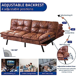 Fangflower Futon Sofa Bed, Faux Leather Memory Foam Couch, Foldable Convertible Sleeper Loveseat, Daybed for Living Room, Brown