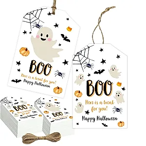 Halloween Tag Decoration 50PCS Halloween Ghost Tag with Jute String Trick or Treat Happy Boo Day for Halloween Party Gift Wrapping Candy Bag Decoration