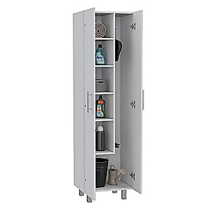 Nala Cleaning Cabinet with 5 Shelves and Hanging Rack in White