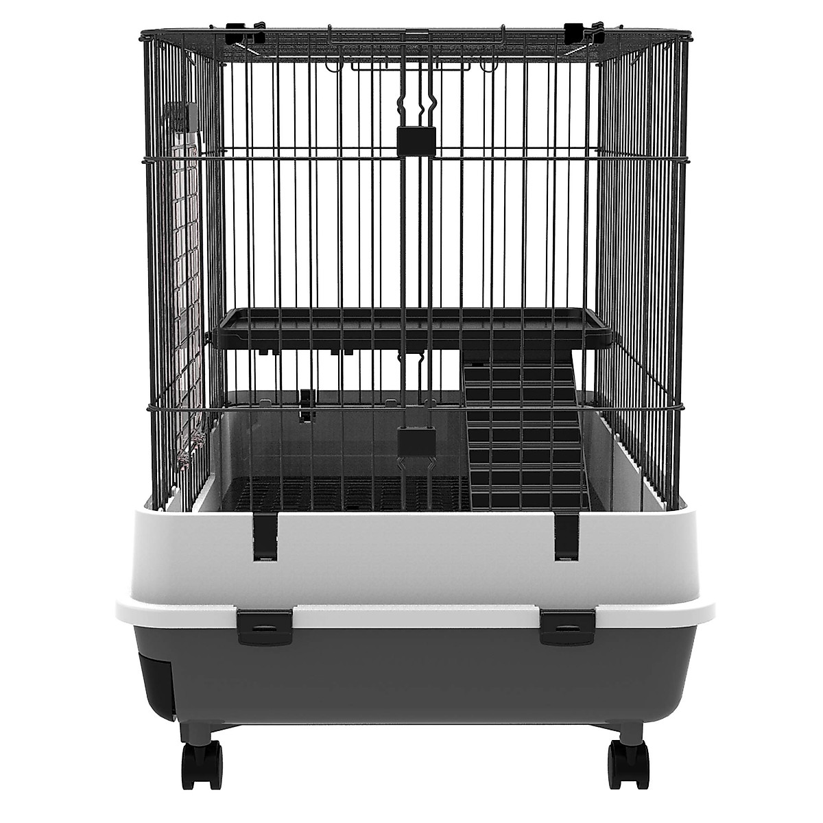 PawHut 2-Level Small Animal Cage Rabbit Hutch with Wheels, Removable Tray, Platform and Ramp for Bunny, Chinchillas, Ferret, Black