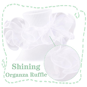 Mini angel Girls Ruffle Socks Double Lace Frilly Dress Socks Kids Turn Cuff Socks for Little Girls 2 Pack (White, 4-6 Years)