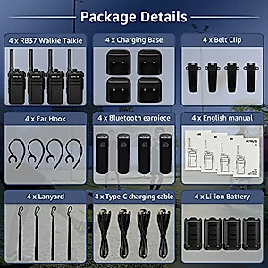 Retevis RB37 New Version,Bluetooth Walkie Talkies,2 Way Radio with Earpiece,VOX,2000mAh,USB-C,Wireless Walkie Talkie for Manufacture (4 Pack)