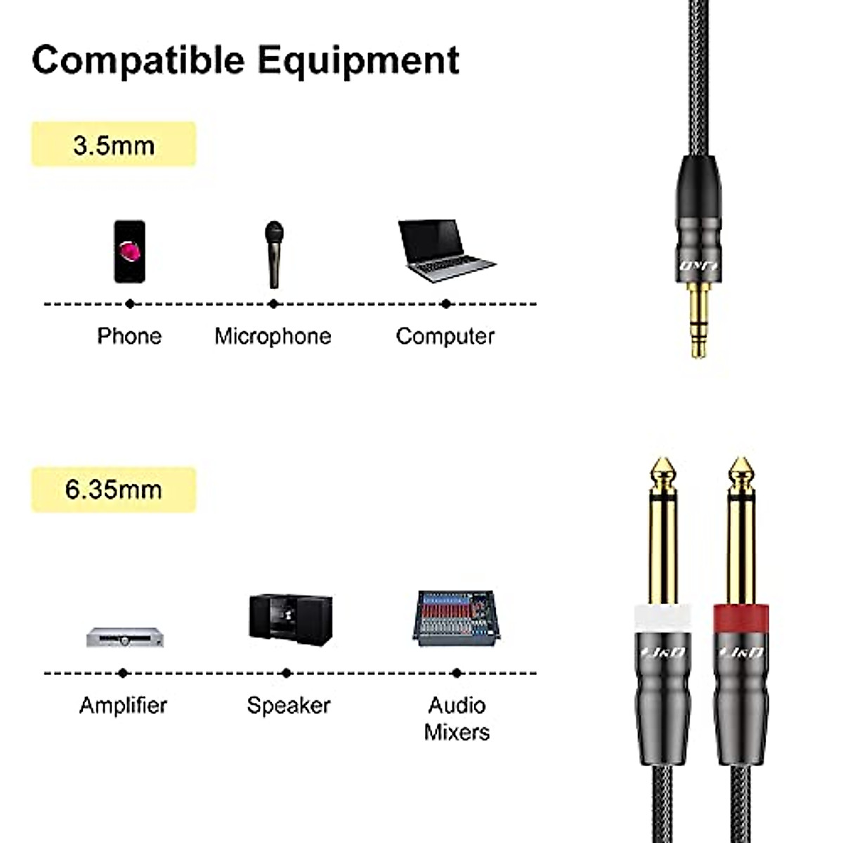 J&D 3.5mm to Dual 1/4 inch Stereo Splitter Y Cable, 3.5mm 1/8 inch TRS Stereo Male to Dual 1/4 inch 6.35mm Mono Male Y-Splitter Cable for Phone/Amplifiers/Mixer Audio Recorder, 1.5 Feet