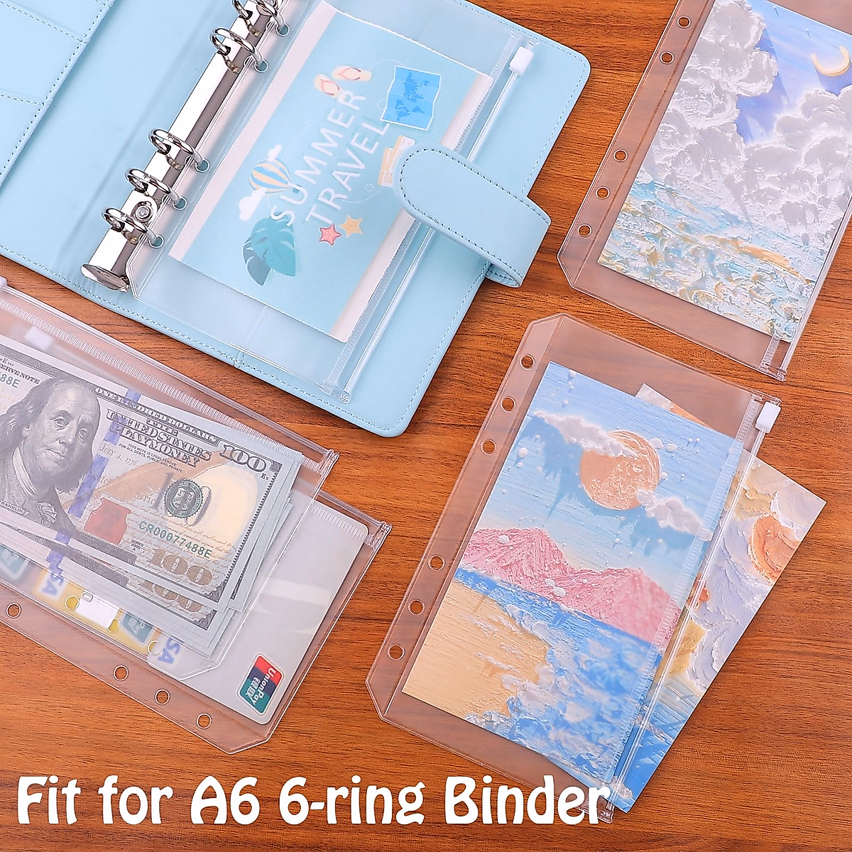 Antner 12pcs A6 Size Binder Pockets 6 Holes Budget Cash Envelopes for Budgeting, Clear Zipper Folders Loose Leaf Bags for 6-Ring Budget Binder, Waterproof PVC Document Pouch Filing Bags