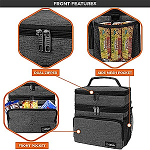 opux Insulated Lunch Bag for Men Women, Large Dual Compartment Cooler Bag, Soft Two Deck Lunch Box for Work School Picnic, Leakproof Lunch Tote with Strap for Kid Adult (Charcoal Gray, Double Deck)