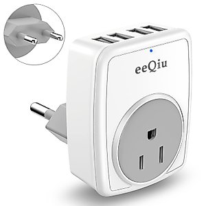 European Travel Plug Adapter, eeQiu International Travel Adapter with 4 USB Ports, American Outlets - 5 in 1 European Plug Adapter for US to Europe EU Country Like Germany, Spain, Italy, France.