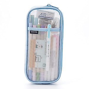 EASTHILL Grid Mesh Pen Pencil Case with Zipper Clear Makeup Color Pouch Cosmetics Bag Multi-Purpose Travel School Teen Girls Transparent Stationary Bag Office Organizer Box for Adluts(Blue)