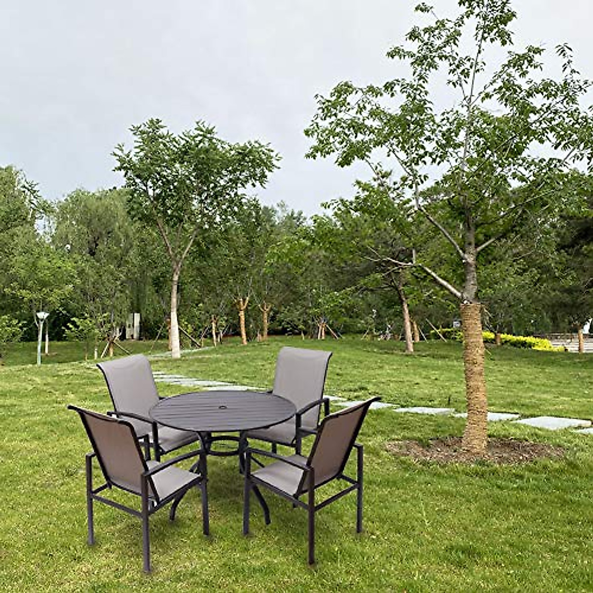 LEVELEVE 5 Piece Patio Dining Set,Outdoor Furniture 4 Textilene Chairs & 1 Round 38"x 38" Metal Slatted Table with 1.5" Umbrella Hole,Outside Porch Deck Balcony Backyard Set for 4