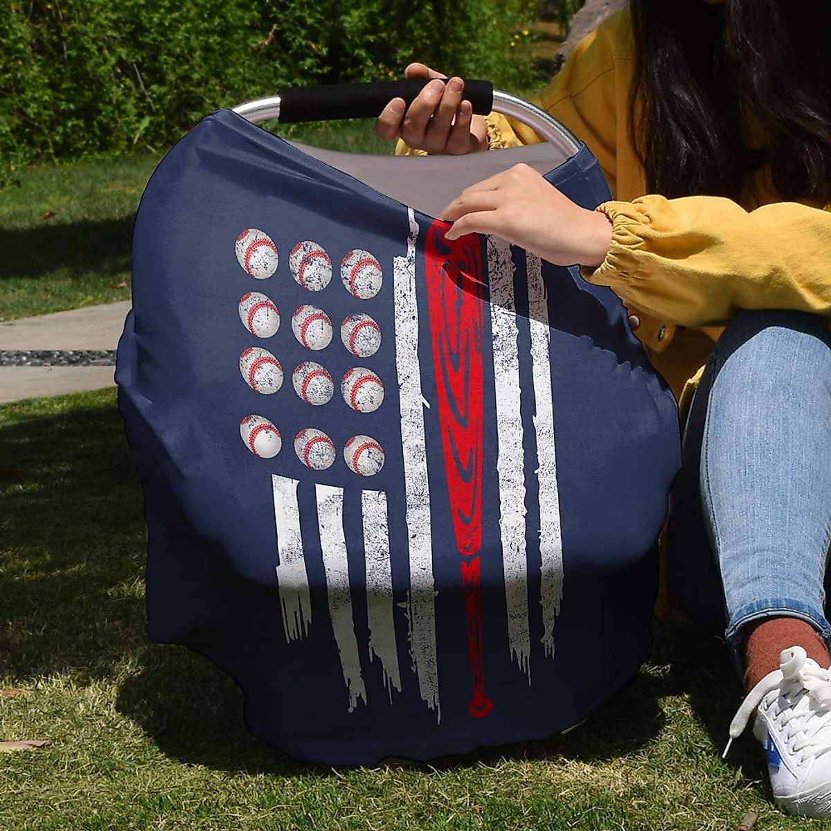 Baby Car Seat Covers American Flag, Nursing Cover Breastfeeding Scarf/Shawl, Infant Carseat Canopy, Stretchy Soft Breathable Multi-use Cover Ups, Baseball Blue White Stripe