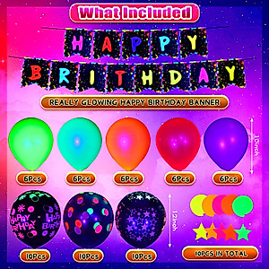 Jetec 71 Pcs Neon Birthday Party Supplies Include Clear Glow in the Dark Balloons, UV Neon Balloons, Neon Star Hanging Swirls, Happy Birthday Banner for Glow Birthday Party UV Neon Party