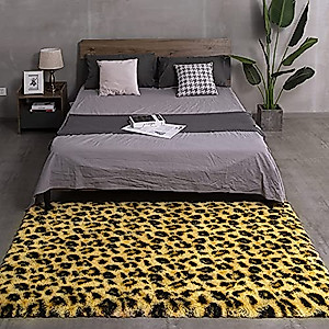 ECOBER Premium Fluffy Leopard Print Rug, Shaggy Leopard Rugs for Bedroom Living Room Kids Western Home, Soft Decorative Animal Printed Carpet, 4x6 Feet Khaki Black