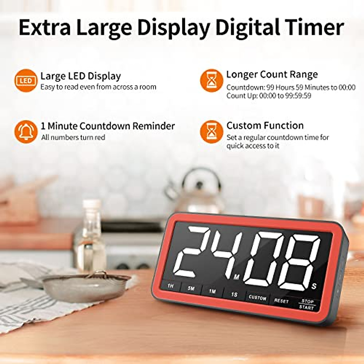 VOCOO Digital Kitchen Timer with 7.8” Extra Large Display, Magnetic LED Timer with 3 Brightness, 4 Alarms and 3 Volume Levels, Battery Powered Countdown Count Up Timer for Cooking, Classroom, Home Gym