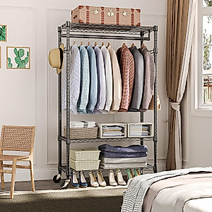 MZG Heavy Duty Rolling Garment Rack 3 Tiers Adjustable Wire Shelving Clothes Rack with Rods and Side Hooks,Storage Closet Clothing Rack with Wheels Black 15.7" D x 29.5" W x 74.5" H