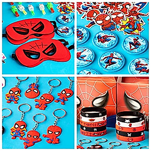 Spider Birthday Party Supplies,110Pcs Party Favors,Include 10 Button Pins,10 Finger Lights,10 Keychain,10 Spider Masks,50 Stickers and 10 Gift Boxes for Kids,Best For Fill Up the Goodie Bags for Spider Themed Party