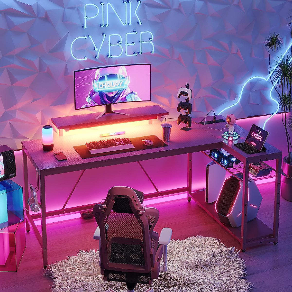 Bestier L Shaped Gaming Desk with Power Outlets,58 LED Small Corner Desk with Reversible Storage Shelves,Pink Computer Desk with Headset Hooks Desk for Living Room and Dormitory