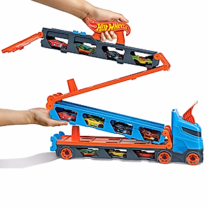 Hot Wheels Speedway Hauler Storage Carrier with 3 1:64 Scale Cars & Convertible 6-Foot Drag Race Track for Kids 4 to 8 Years Old, Stores 20+ Cars & Connects to Other City Sets, GVG37