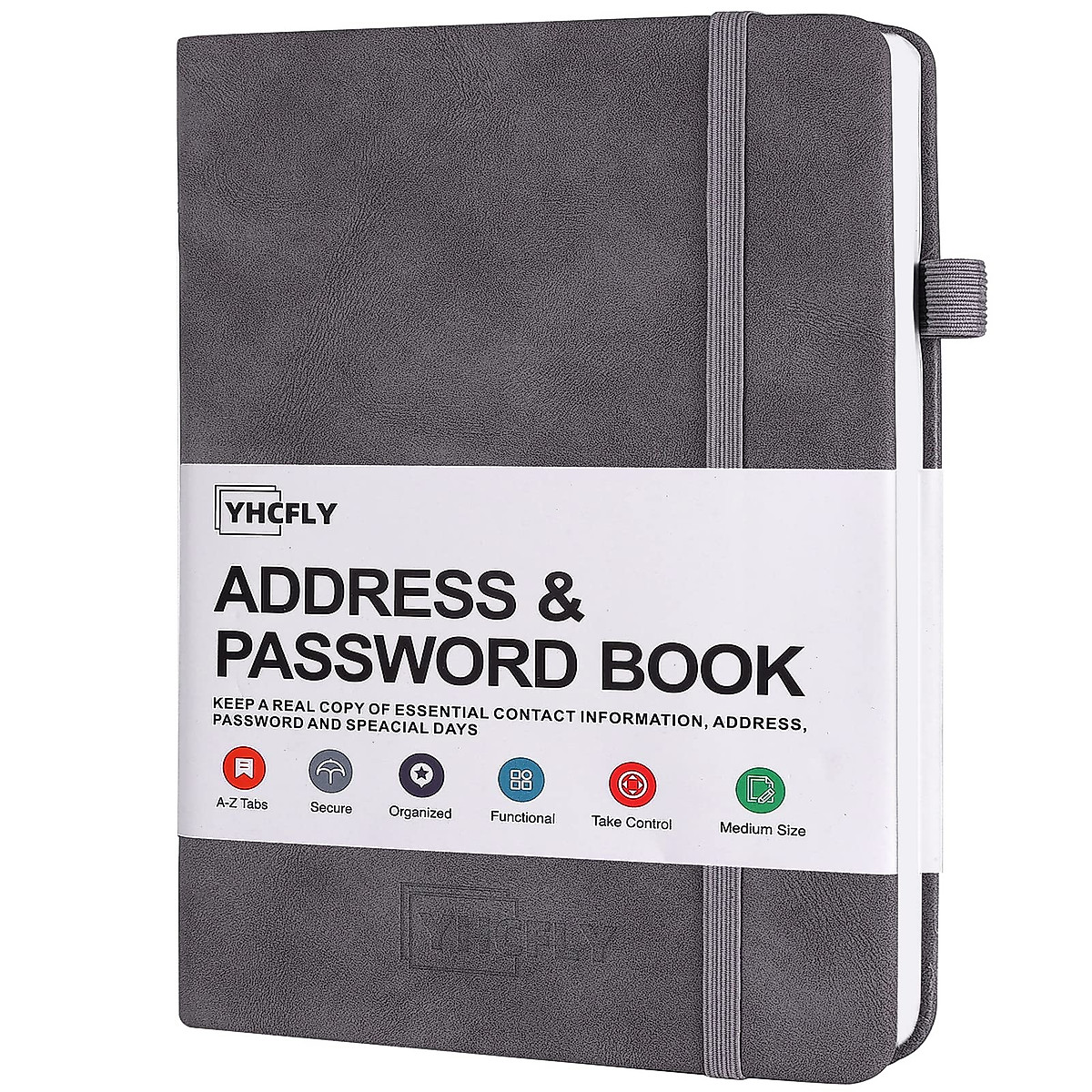 YHCFLY Address Book with Alphabetical Tabs, PU Leather Password Keeper and Telephone Book Address Organizer Record Contacts, Anniversaries, Birthdays - 5.3"x7.7" Grey