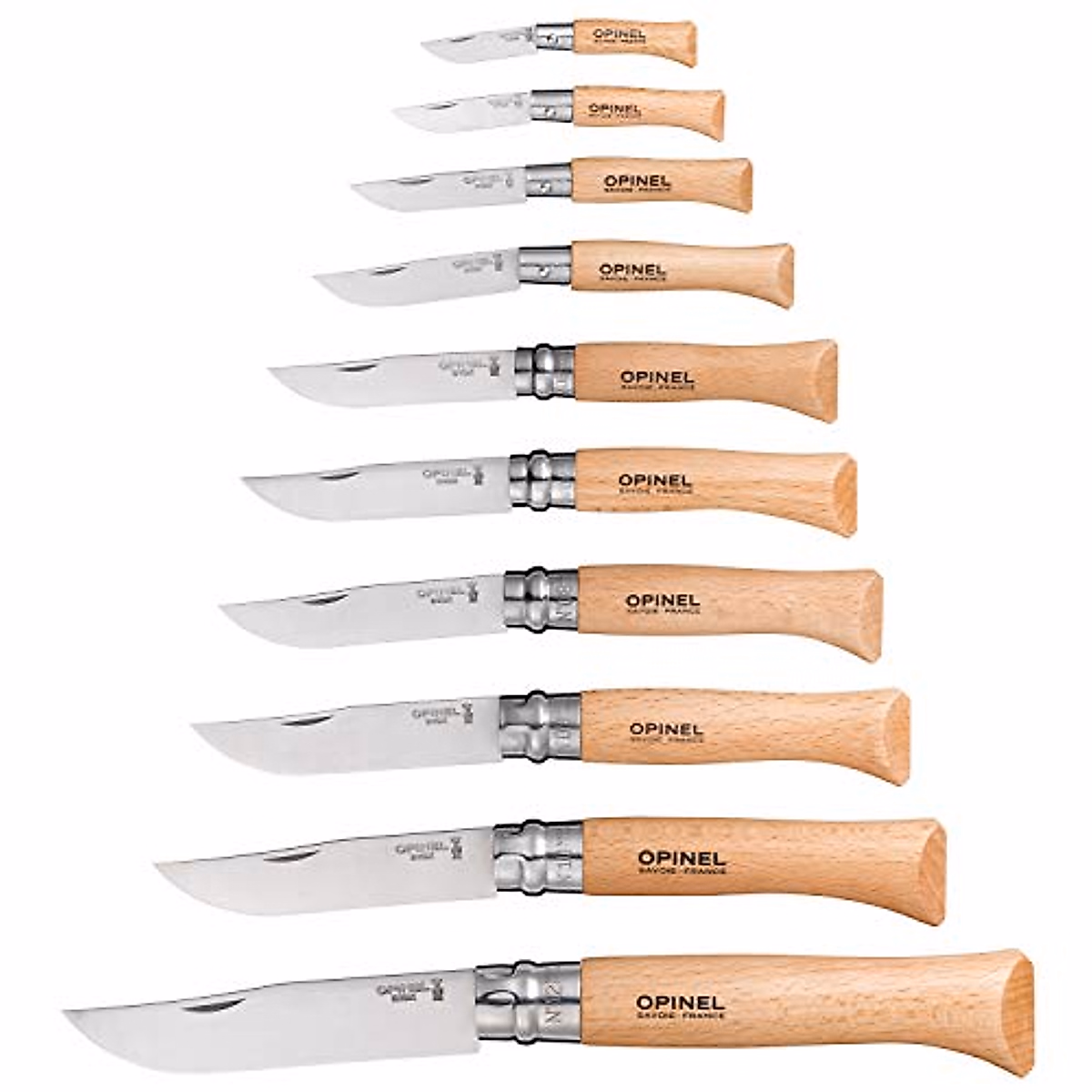Opinel Stainelss Steel Folding Knife Set - Wooden Boxed Set of 10 Knives, No. 2 - No. 12