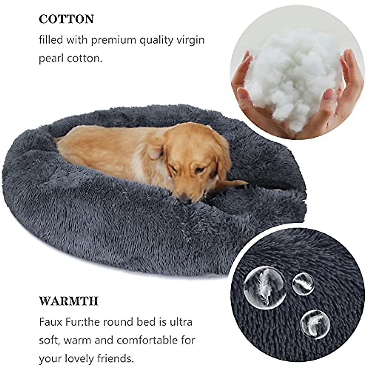 Round Dog Beds for Large Dogs Washable Shag Faux Fur Donut Cuddler 48 inches - Primarily Calming Anti Anxiety Soft Warm Pet Bed for Large Dogs up to 150 Pounds