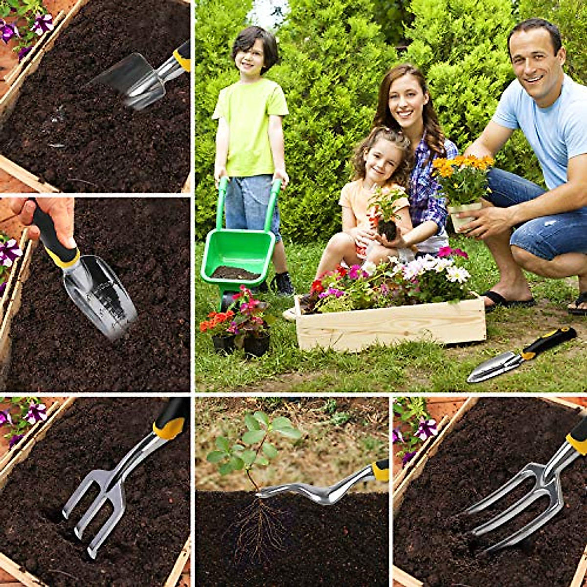 FEBSNOW Garden Tool Set - 5 Pieces Heavy Duty Gardening Hand Tools Kit Include Garden Trowel, Garden Rake, Spade Shovel, Weeder, Cultivator for Men, Women