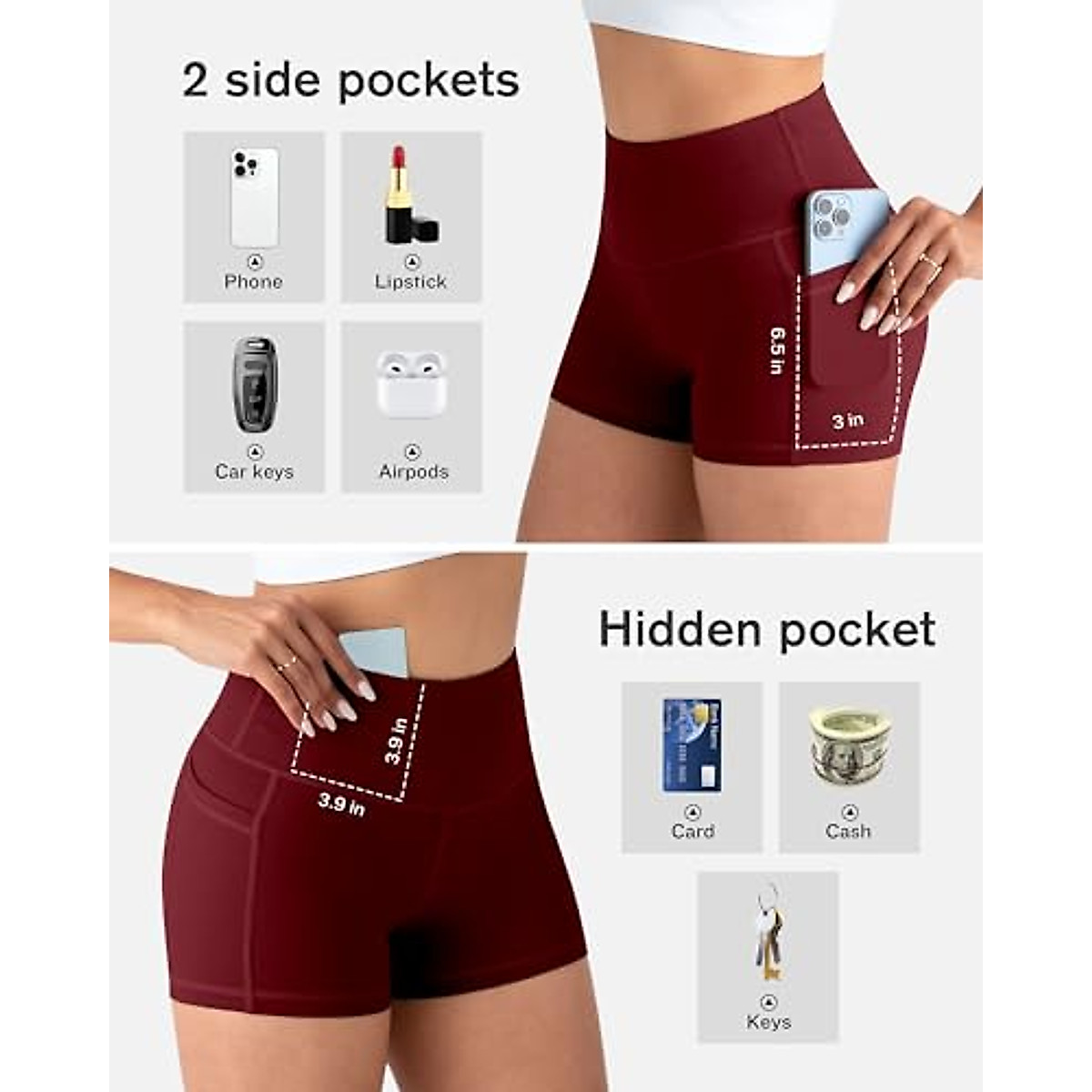 CHRLEISURE Spandex Yoga Biker Shorts with Pockets for Women, 3'' / 5'' / 8'' Workout Booty Shorts(3'' Black,Gray,Navy,Burgundy, S)