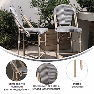 Flash Furniture Marseille Indoor/Outdoor Commercial Bistro Stacking Counter Stool - Black/White Textilene Back and Seat - Lt Natural Bamboo Metal Frame, 2 Pack
