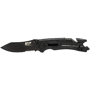 Smith & Wesson M&P 8.5in High Carbon S.S. Spring Assisted Folding Knife with 3.5in Serrated Drop Point Blade and Rubber Handle for Outdoor Survival and EDC,Tan