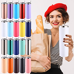 20 Pack Straight Skinny Tumblers Bulk 30oz Stainless Steel Double Wall Vacuum Insulated Mugs with Straw Coffee Tumbler Portable Skinny Travel Tumbler for Hot Cold Drinks DIY Gift