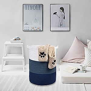 BOSROTY Extra Large Blanket Basket, Tall Laundry Basket, Laundry Hamper, Large Storage Basket, 15.7”x 21.7”,Cotton Rope Basket, Woven Basket, Toy Basket, Clothes Baskets, White&Cadet Blue&Navy Blue