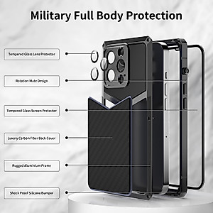 HUALIMEI Luxury Case for iPhone 13 Pro Max 6.7", Carbon Fiber Aluminum Phone Cover, Military Protective Armor with Tempered Glass Screen Protector Full Body Heavy Duty Shockproof Protection for Men