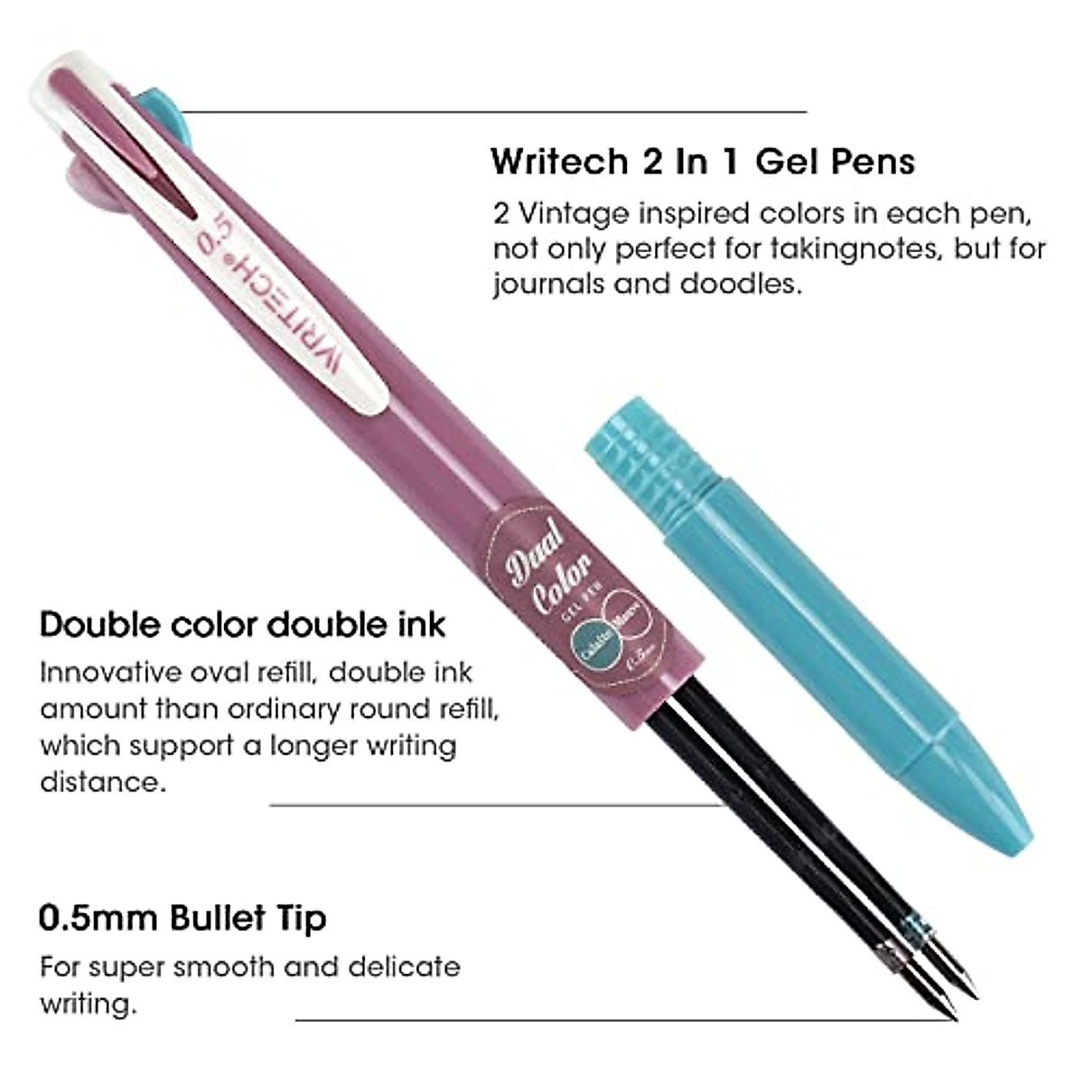 Writech Retractable Gel Ink Pens: Multi Colored 2 in 1 Colorful Click Pen Assorted Color 8ct Extra Fine Point Tip 0.5mm Journaling Smooth Writing Note Taking Coloring No Bleed & Smear & Smudge