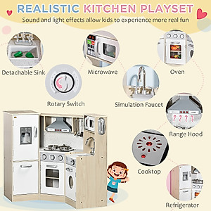 Qaba Ultra-Big Corner Kids Kitchen Playset with Sound Effects, Wooden Play Kitchen with Stainless Steel Cooking Toys, Imaginative Pretend Toy for Ages 3-6 with Phone, Ice Maker