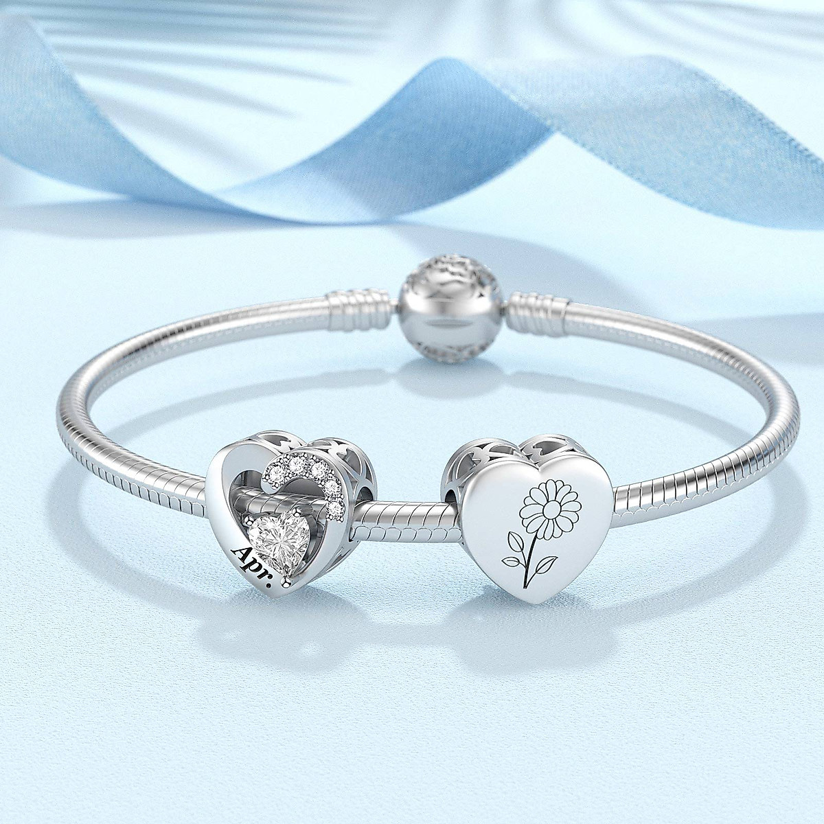 SEVENWELL Birth Month Flower Charm Fit Pandora Bracelets Heart Engraved Custom Personalized Jewelry Birthday for Her